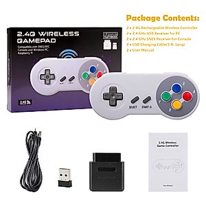 [New Version] 2 Pack 2.4 GHz Wireless Controller Game pad Compatible with SNES & PC, with SNES & USB Receivers, Support Windows PC, IOS MAC, Linux Raspberry Pi and SNES [Plug & Play] [Rechargeable]