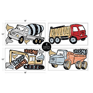 Sweet Jojo Designs Construction Truck Large Peel and Stick Wall Decal Stickers Art Nursery Decor Mural - Set of 4 Sheets - Grey Yellow Orange Red and Blue Transportation Zone Vehicles