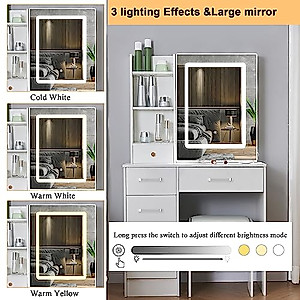 Saihemei Modern Makeup Vanity Desk with Mirror and LED Light, Makeup Table with 6 Drawers, Storage Shelves and Chair, 3 Lighting Modes and Adjustable Brightness for Mother Daughter