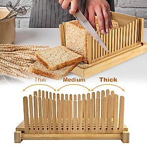 Bamboo Bread Slicer for Homemade Bread, Foldable Adjustable Slicing width Bread Slicing Guides, Makes Cutting Bagels or Even Bread Slices Easy