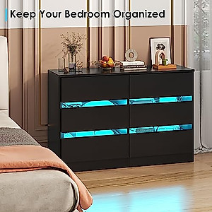 Gdvsclr 6 Drawer Double Dresser, Bedroom Dresser with LED Light, Wood Dresser for Nursery, Living Room, Hallway, Handless Design, 47.2''W×15.7''D×30.2''H (Black)