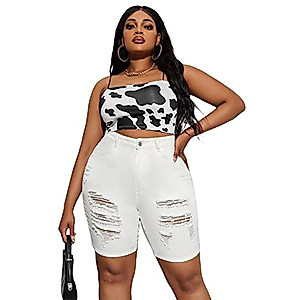 Women's Plus High Waist Ripped Frayed Denim Shorts Distressed Knee Length Shorts Girlfriend Shorts Jean (07 Ripped White, 2XL)