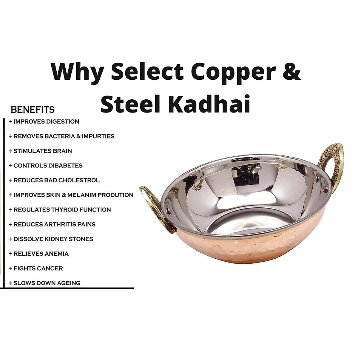 Genx Set of 4, Indian Copper Serveware Karahi Vegetable Dinner Bowl with Solid Brass Handle for Indian Food, Diameter- 13 Cm (5.2 Inches)