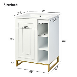 Appot 24inch Bathroom Vanity Sink Combo for Small Space, Bath Room Vanities with Ceramic Basin, Gold Legs and Semi-Open Storage(Faucet Not Included)