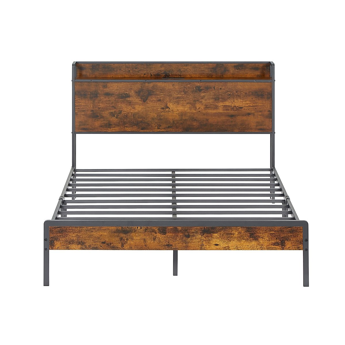 Full Size Bed Frame with Headboard and Storage Shelf, Metal Bed Frame with Charging Station(USB Port, Outlets), No Box Spring Needed, Noise Free, Full Bed Frame Rustic Brown (Rustic Brown, Full)