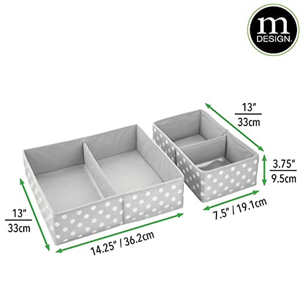 mDesign Fabric Drawer Organizer Bins, Kids/Baby Nursery Dresser, Closet, Shelf, Playroom Organization, Hold Clothes, Toys, Diapers, Bibs, Blankets, Set of 2, 6 Pack, Gray/White Polka Dot