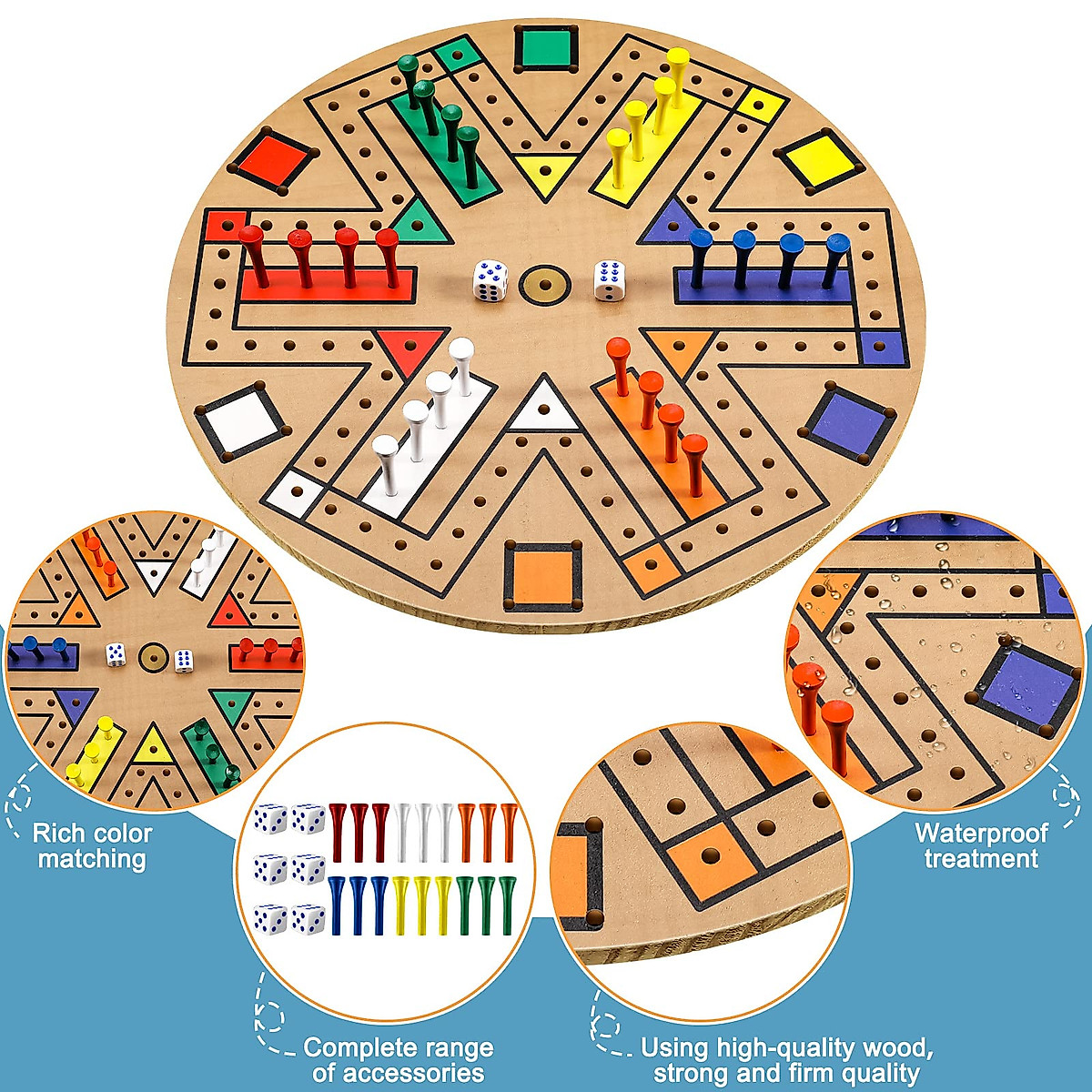 Kathfly Fast Track Board Game Wooden 3-6 Players Board Game Set with 24 Board Game Pieces and 2 Dice, Fast Track Game Night for Adult Teens Family Game, 6 Colors (14.2 Inch)