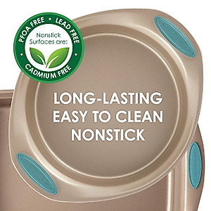 Rachael Ray Bakeware Nonstick Cookie Pan Set, 3-Piece, Gray with Agave Blue Grips & Ray Cucina Nonstick 12-Cup Muffin Tin With Grips/Nonstick 12-Cup Cupcake Tin With Grips - 12 Cup, Brown