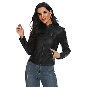 Fahsyee Faux Leather Jacket for Women, Moto Biker Slim Vegan MotorcycleZipper Coat Outwear, Black, Size M