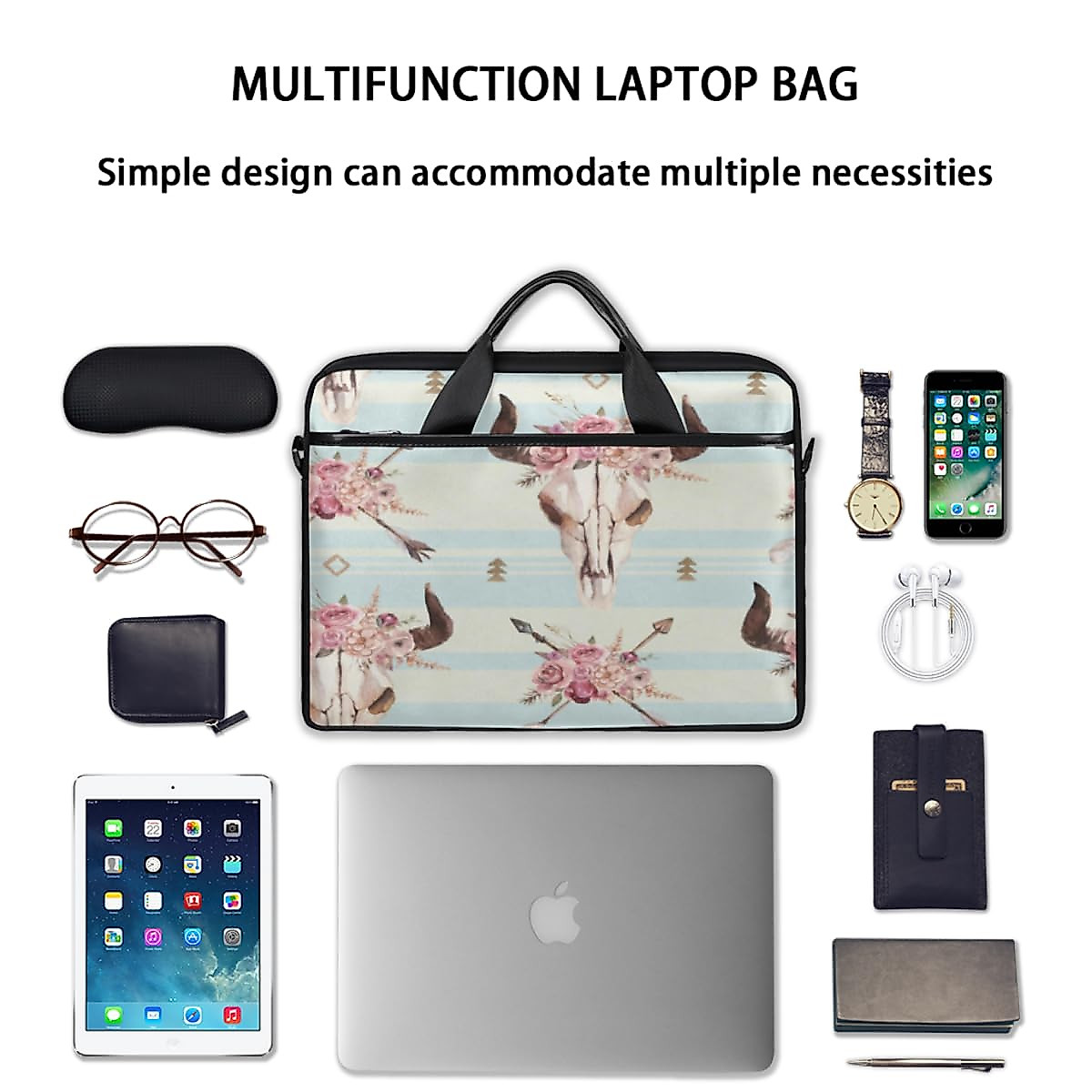 Bull Skull Flower Laptop Computer Bag Waterproof Shoulder Messenger Bag 13-15 inch Durable Laptop Tote Bag with Shoulder Strap Handle Lightweight Crossbody Briefcase