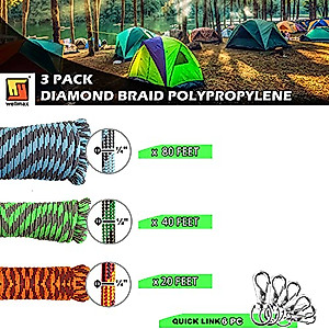 Wellmax Diamond Braided Nylon Rope with Uv Treatment and Weather Resistant, 3 Pack 1/4" x 20/40/80ft Multi-Color and 6 Bonus Quick Links