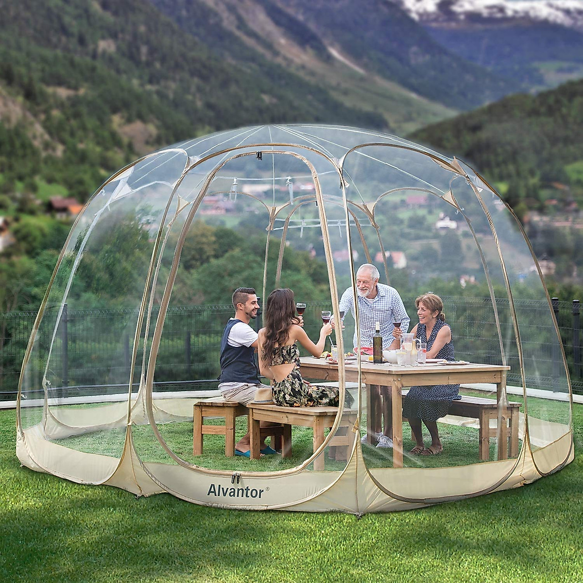 Alvantor Halloween Pop Up Bubble Clear Tent - 15’ x 15’ Instant Igloo Tent - 12-15 Person Screen House for Patios - Large Oversize Weather Proof - Cold Protection Camping Tent - Beige