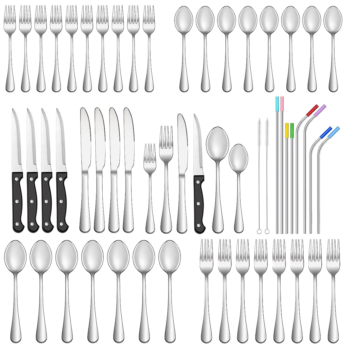 56 Pcs Silverware Set with Steak Knives and Metal Straw for 8,Stainless Steel Flatware Set, Mirror Polished Cutlery Utensil Set, Home Kitchen Eating Tableware Set,Fork Knife Spoon Set,Dishwasher Safe