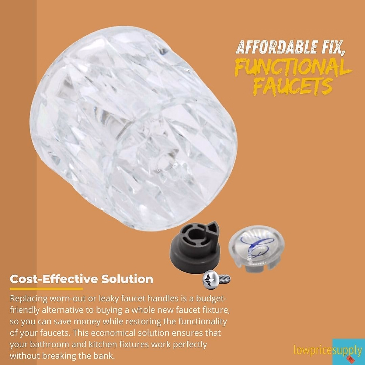 Generic Shower Handles with Adapter fits Valley, Eljer Tub, Shower Handles with Adapter - Clear Acrylic, 3" Height D Broach, Universal Fit for Various Faucets, Exact OEM Style Match - Pair