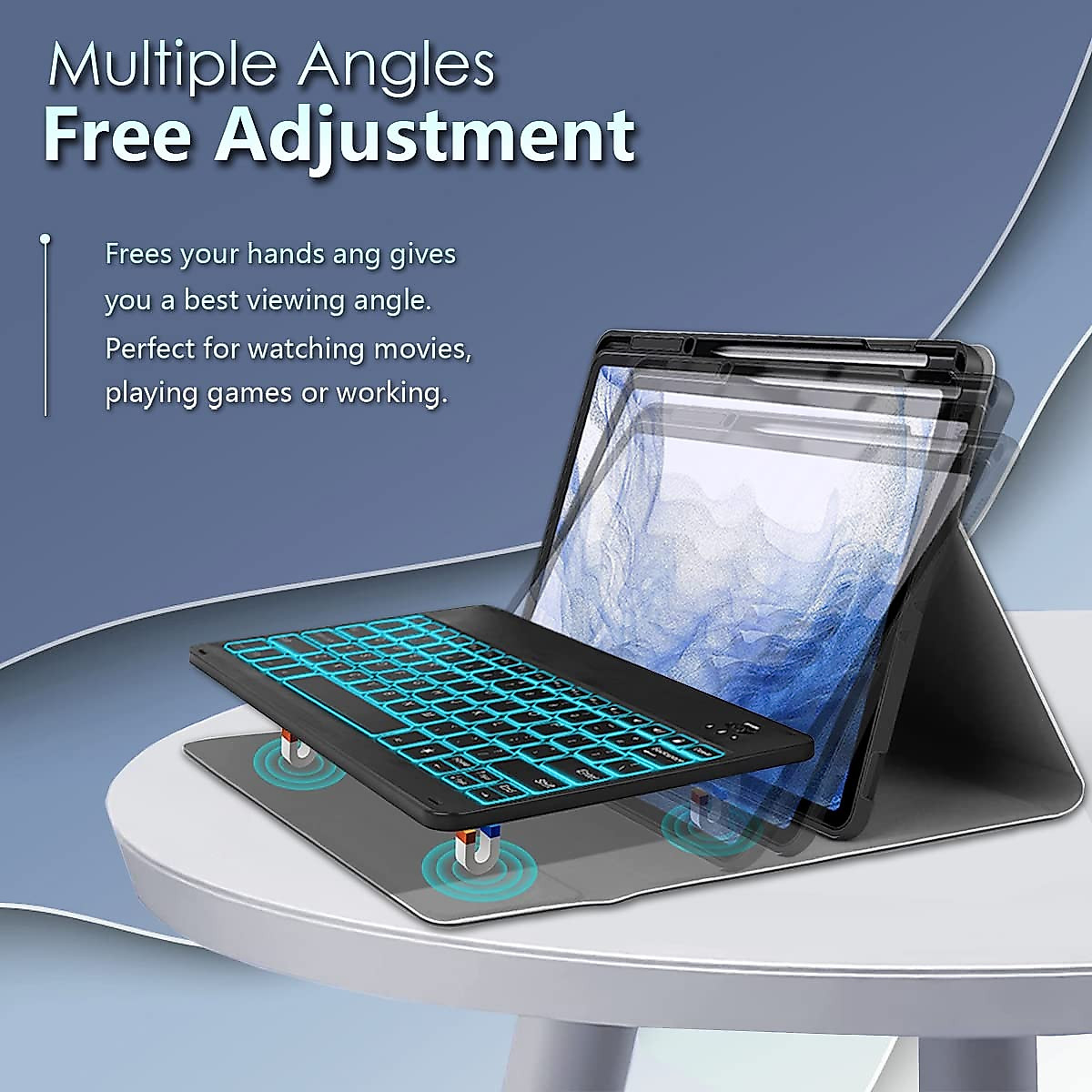 Backlit Keyboard Case for Samsung Galaxy Tab S8 Plus 2022/S7 FE 2021/S7 Plus 2020 12.4 inch with S Pen Holder, Wineecy 7 Colors Backlight Detachable Wireless Keyboard & PU Folio Stand Cover Case,Black