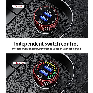 KEWIG Fast Car Charger, Dual QC3.0 Port USB Car Charger, 36W Quick Charge Car Phone Charger Adapter with Colorful Voltmeter & ON/Off Switch Fit for iPhone 13/12/11 Pro/Max/8, Galaxy S21/20 (Red)