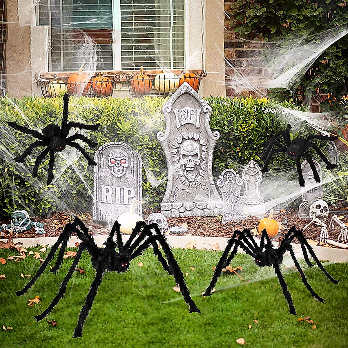 Halloween Spider Decorations, 4 Pcs Gaint Spiders Halloween Decorations Outdoor Scary, Halloween Spider Scary Fake Spiders Halloween Decor for Outside House Indoor Yard Haunted House Window