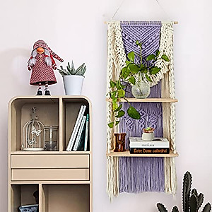 STAHMFOVER Boho Macrame Shelf for Room Decor Spring,2-Tier Wall Hanging Shelf Woven Floating Shelves,Handmade Rope Macrame Indoor Plants Hanger,Home Storage & Organizer (Purple)