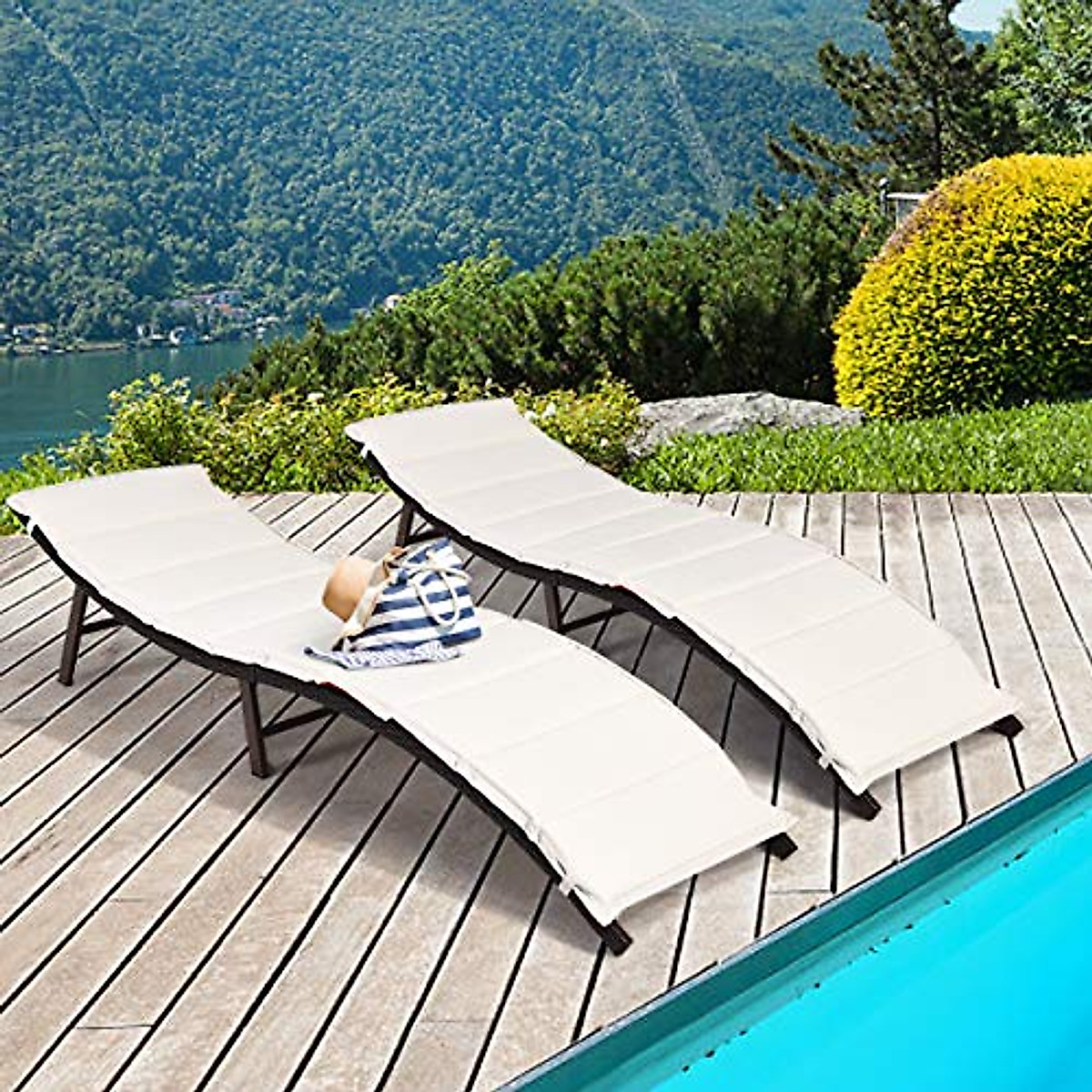 Tangkula 2 Pieces Patio Rattan Chaise Lounge, Outdoor Wicker Lounge Chair, Foldable Chaise Lounge, Suitable for Poolside, Garden, Balcony