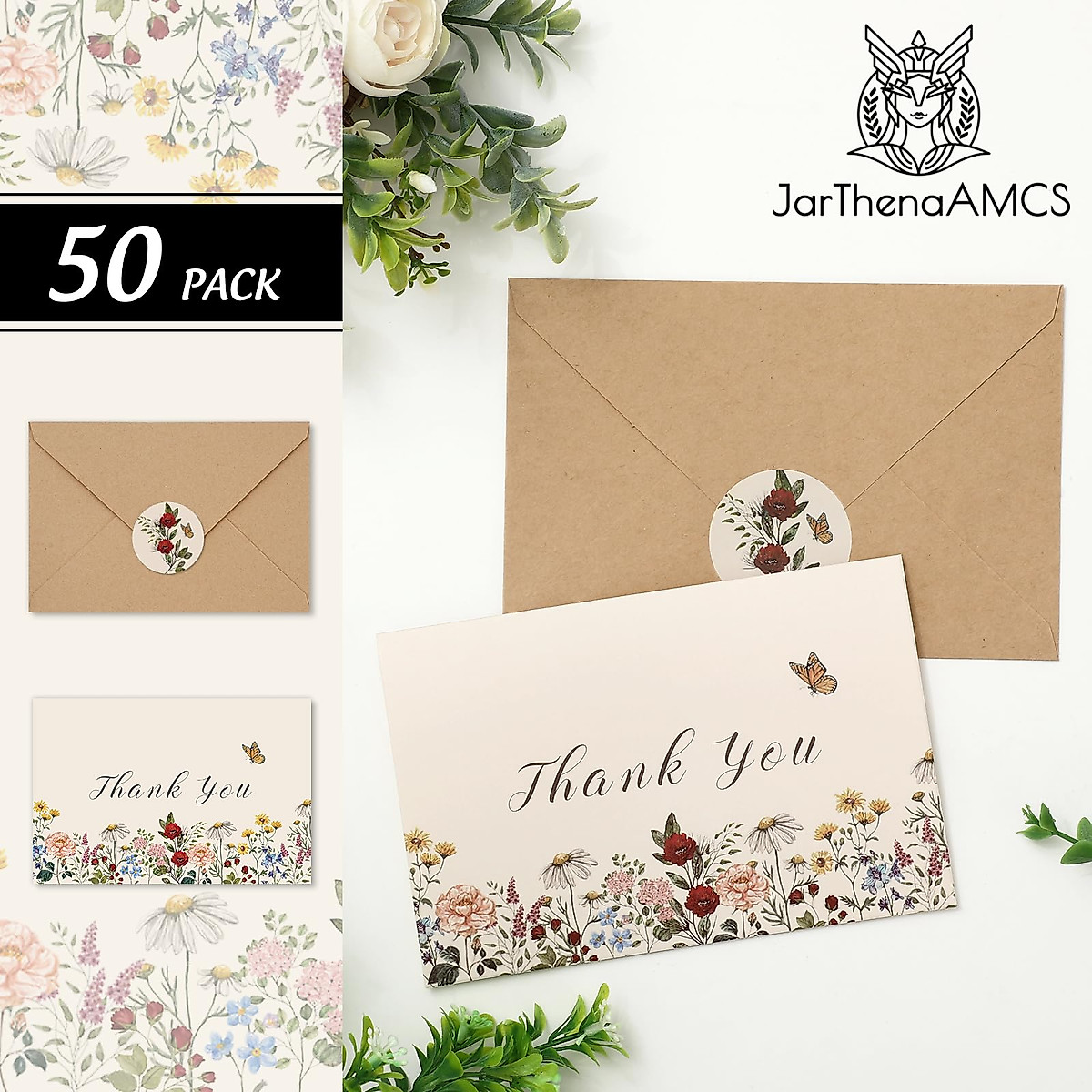 JarThenaAMCS 50 Pack Wildflower Thank You Cards Vintage Flower Greeting Cards Floral Blank Note Cards with Kraft Envelope Sticker for Birthday Wedding Bridal Shower, 4 x 6 Inch