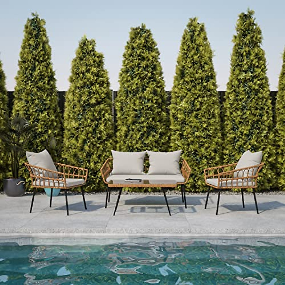 Flash Furniture Evin Boho Patio Conversation Set Rope Rattan-All-Weather Cushions-Tempered Glass Top Coffee Table-Indoor/Outdoor, 4 Piece, Natura/Gray