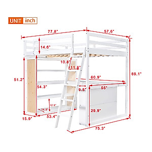 BIADNBZ Full Size Loft Bed with Desk, Shelves, Drawer and Ladder, Solid Wood Bedframe, for Kids Teens Adults Bedroom, White