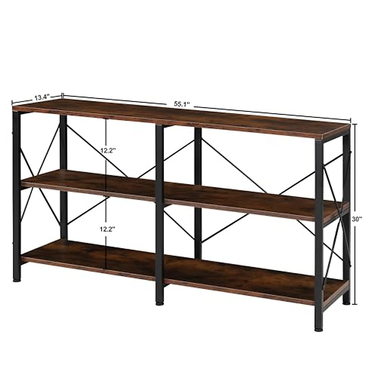 BETTAHOME 3-Tier Low Book Shelf, 55 Inch Wide Open Book Shelf, Industrial Wooden Bookcase for Home Office, Bedroom, Living Room, Rustic Brown and Black