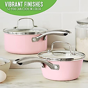 GreenLife Artisan Healthy Ceramic Nonstick, 1QT and 2QT Saucepan Pot Set with Lids, Stainless Steel Handle, Induction, PFAS-Free, Dishwasher Safe, Oven Safe, Pink