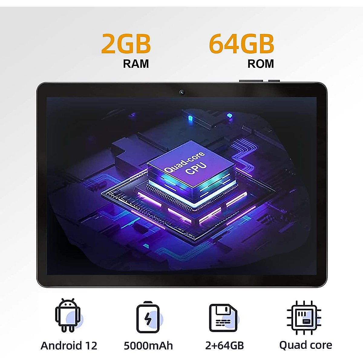 SGIN 10 Inches Tablet Computer, 2GB RAM 64GB ROM, Android 12 IPS Display, Quad-Core Processor 1.6GHz, 5000mWh Battery, TF Card 32GB Expansion, GPS, Bluetooth, Black, WiFi