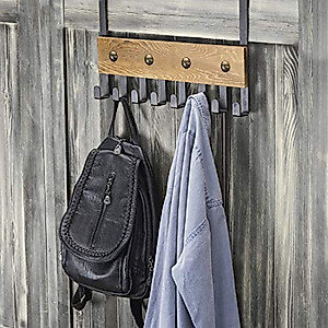 MyGift Burnt Wood Over The Door Hook Rack Bathroom Towel Rack with 8 Black Metal Hooks