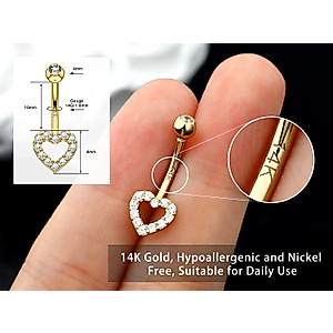 Melighting Gold Belly Button Rings 14K Real Gold Belly Rings Heart Belly Piercing Jewelry Clear CZ Navel Piercing Jewelry for Women