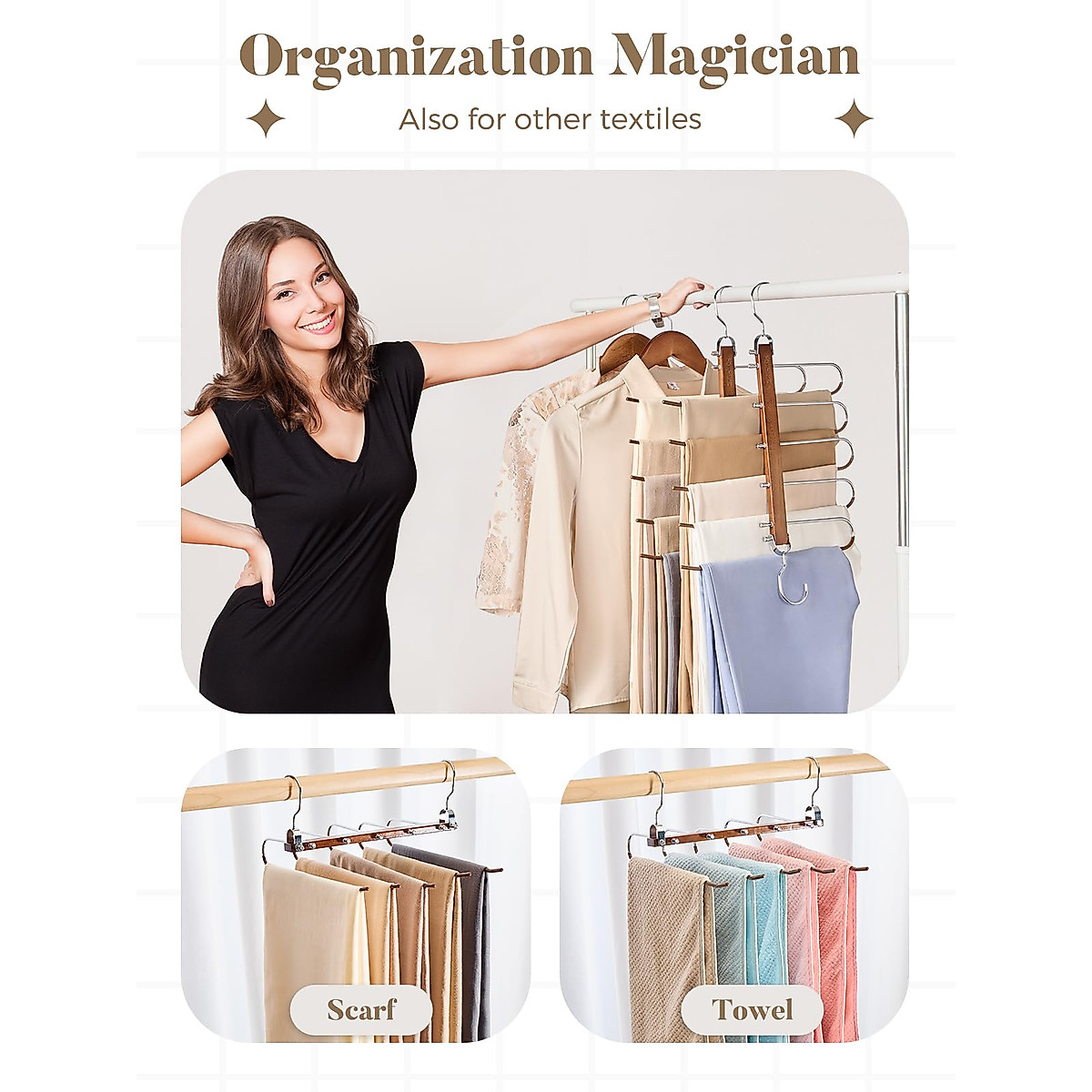 SMARTOR Pants Hangers Space Saving - 3 Pack Wood Jean Hangers for Closet Organizer - Jean Hangers Trouser Holder Closet Space Saving Hangers - Pants Organizer Hanger Space Saver Closet Organization