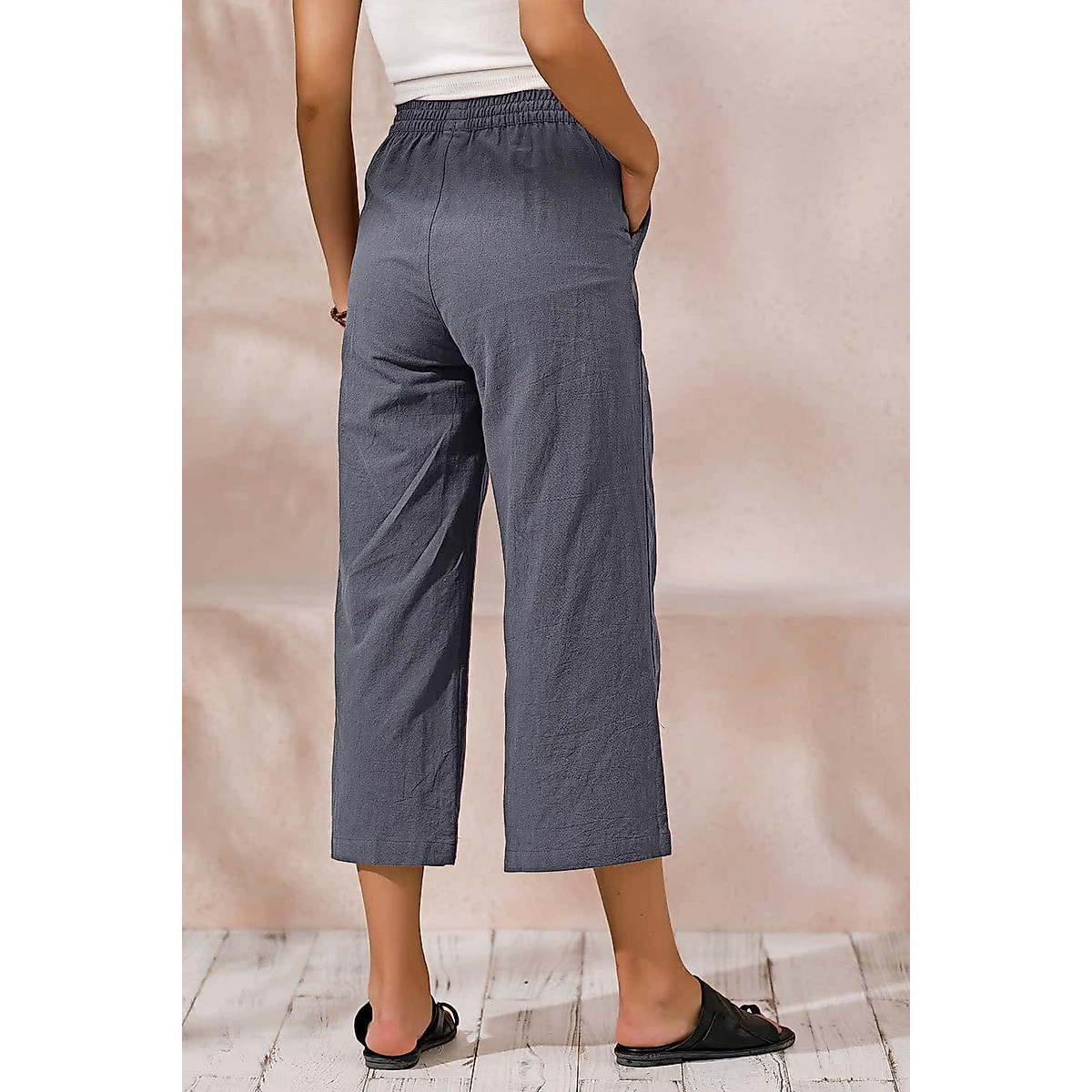 ECUPPER Womens Cotton Cropped Pants Loose Fit Wide Leg Capri Casual Plus Size Elastic Waist Trousers Gray S