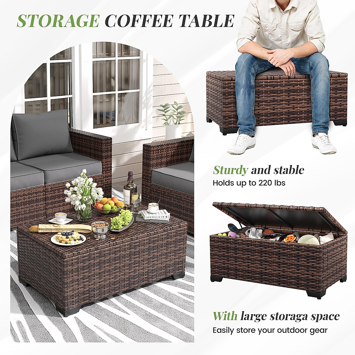 Amopatio Outdoor Patio Furniture Sets, 8 Pieces Outdoor Wicker Patio-Furniture, Outdoor Sectional Patio Set with Storage Table, Patio Conversation Set for Proch Garden Deck (Grey)