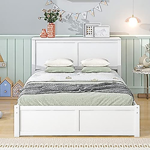 BIADNBZ Full Size Storage Bed Frame with Pull Out Shelves and Twin Trundle, Wooden Versatile Platform Bedframe w/Headboard, for Kids Teens Adults Bedroom, White