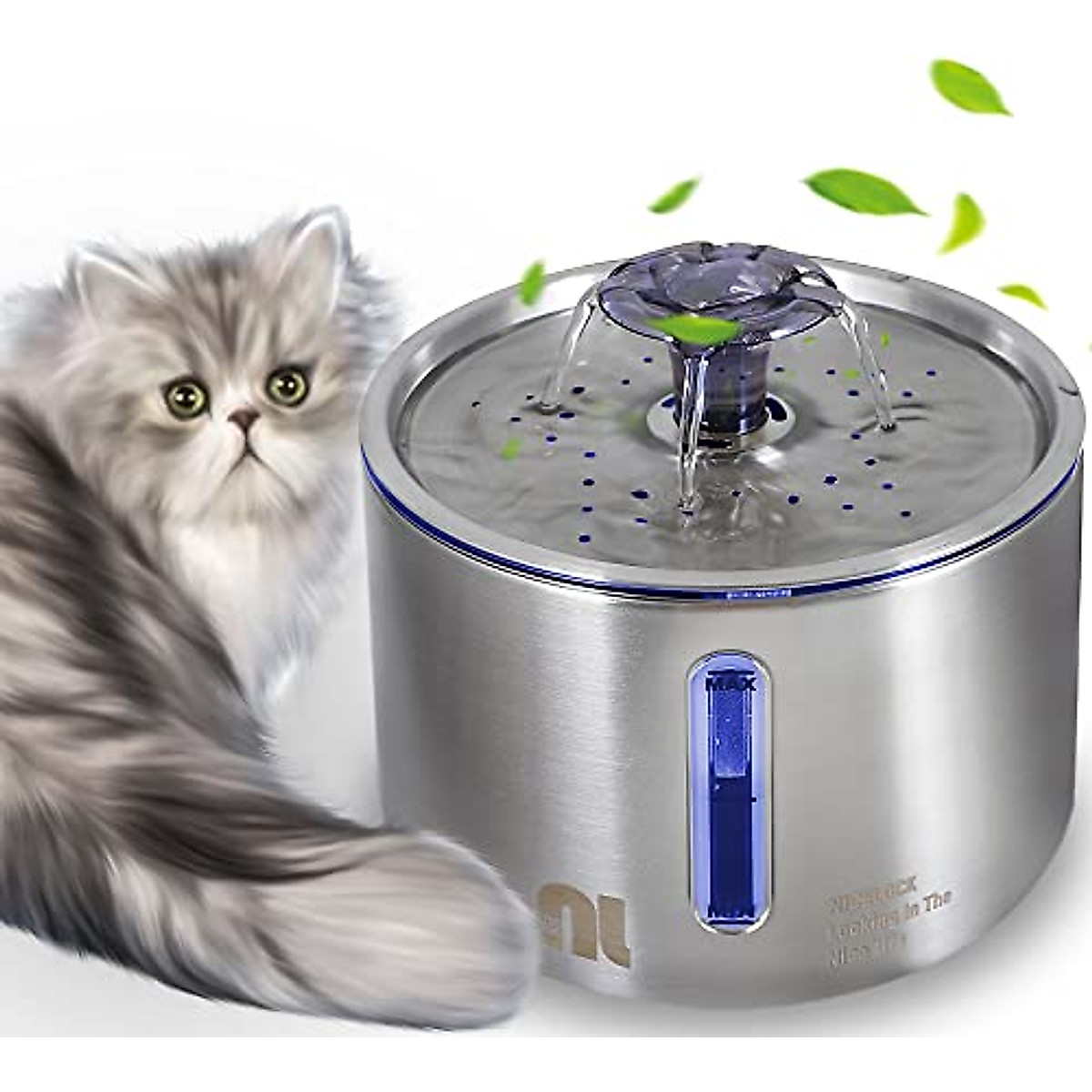 Nicelock Cat Water Fountain Pet Fountain Stainless Steel Metal Dog Drinking Fountains Automatic Pet Water Fountain Ultra-Quiet | Hygienic Material | Dishwasher Safe & Smart LED Light| 84oz/2.5L