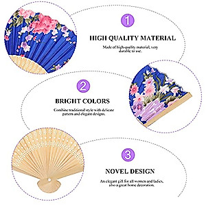 RAZZUM 2 Pcs Floral Folding Hand Fan Chinese Vintage Retro Silk Handheld Fans with Frames for Wedding Dancing Church Party Gifts Blue Fan