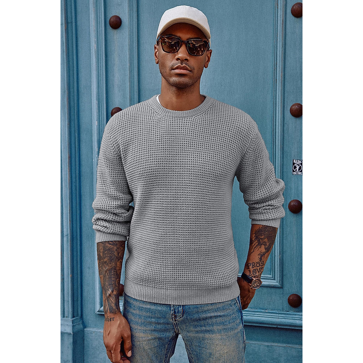 PJ PAUL JONES Crew Neck Sweater for Men Cable Knit Waffle Pullover Thermal Sweaters Grey XXL