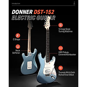 Donner DST-152R Electric Guitar, 39" Beginner Electric Guitar Kit, HSS Pickup with Coil Split, Guitar Starter Set with Amp, Bag, All Accessories, Metallic Ice Blue