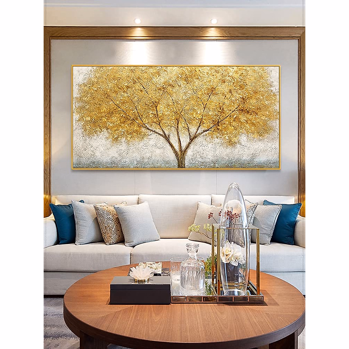 Gold Tree of Life Canvas Wall Art For Living Room -Hand Painted Gallery Wrapped Oil Painting for Bedroom-Framed 3D Wall Decoration for Office Kitchen 20x40 inches
