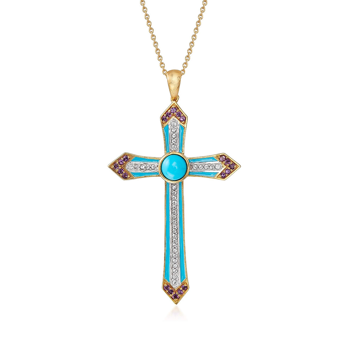 Ross-Simons Turquoise, 30 ct. t.w. Amethyst and .30 ct. t.w. White Topaz Cross Pendant Necklace With Enamel in 18kt Gold Over Sterling. 18 inches