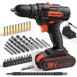Cordless Drill 20V, Drill Set with 42pcs Accessories and Battery 2.0Ah, Electric Drill 25+1 Torque Setting, 2 Speed, 3/8" Keyless Chuck, LED Light, Electric Power Drill for Home DIY and Garden Repair