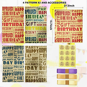 Birthday Wrapping Paper for Men Boys Women Girls Adults Kids,Happy Birthday Wrapping Paper Sheets,Recycled Gift Wrapping Paper Birthday Gift Wrap for Boys Women Girls Men Birthday Paper,Brown Kraft Present Wrapping Paper and Ribbon Bow Set with sticker fo