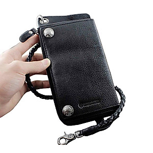 New Men's Biker Rocker Long Genuine Leather Wallet w/Purse Chain Black