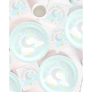 xo, Fetti Over the Moon Paper Plates - 25 pcs | Blue Baby Shower Decoration, Gender Reveal Party Tablescape, Mom to Be Dinner Setting, Birthday Decor