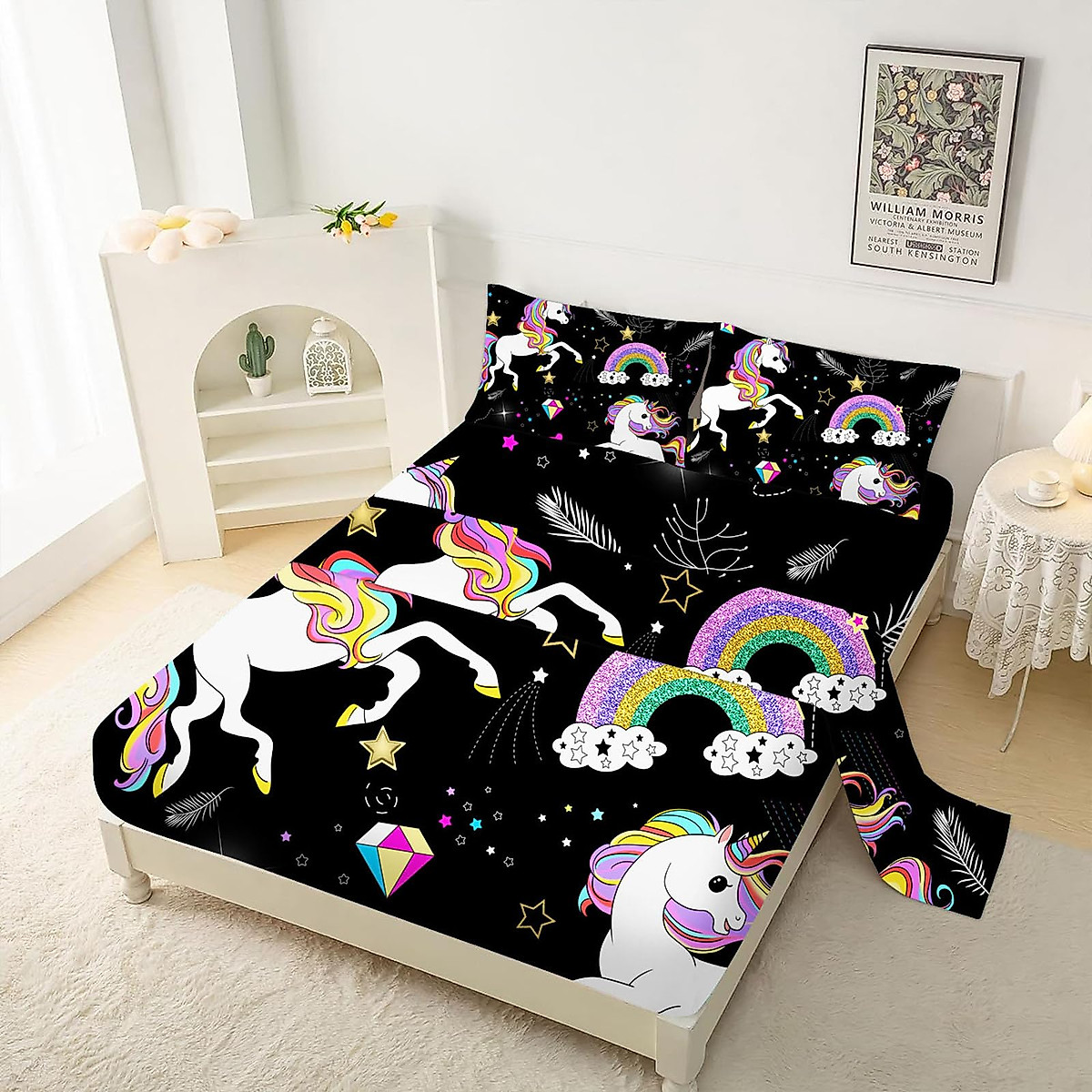 VTKON Black Unicorn Sheets Set Rainbow Unicorn Sheets Set Twin Unicorn Room Decor for Girls Twin Unicorn Bedding Set Includes 1 Flat Sheet + 1 Fitted Sheet + 1 Pillowcase