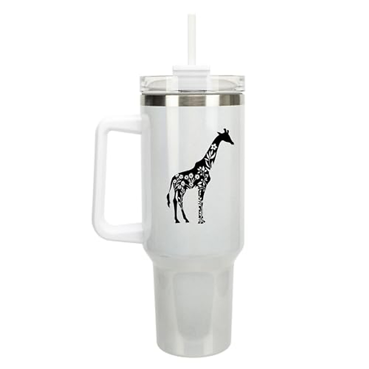 Elanze Designs Giraffe Growing Wildflower Animal Floral Motif 40 Oz. Stainless Steel Water Bottle Coffee Mug, Spill & Leak Resistant, Travel Tumbler with Handle, Lid & Straw, White Shimmer