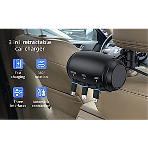 Multi Retractable Carbackseat Charger 3 in 1 - Compatible with All Type of Cellphones - Car Power Charging Station for iPhone/iPad/Android, Back seat Passengers | Share Ride (Black)