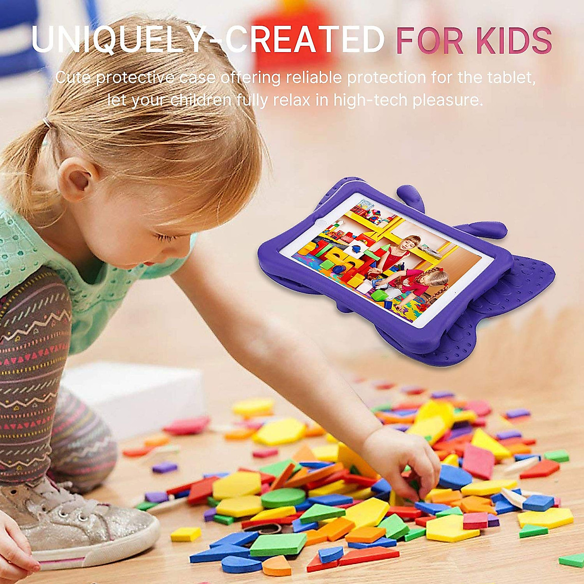 Simicoo iPad 7 8 9 10.2 Kids Case 3D Cute Butterfly 10.2 inch ipad 9th 8th Generation Tablet Case For Kids Girls Light weight EVA Foam Stand Shockproof Rugged Heavy Duty Kid Friendly iPad Cover Purple