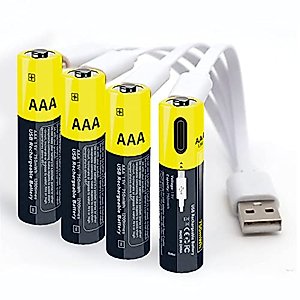 Type-C Lithium Rechargeable Batteries AAA, 1.5V USB Li-Ion AA Battery, Rechargeable, 750mWh with Type C Charging Cable, Quick Charge in 2 Hours, (Pack of 4) (4AAA)